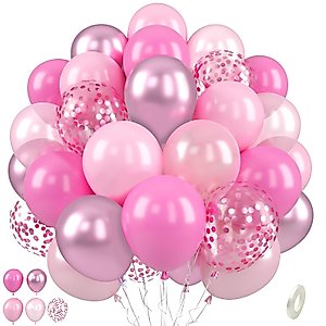 Paready Pink Balloons Set, 50 Pcs 12 Inch Metallic Pink Pastel Pearl Light Pink Confetti Balloons Helium with Ribbon for Women Girls Wedding Bridal Baby Shower Princess Birthday Party Decorations