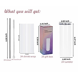 Wzaytia 24 Pack Sublimation Tumblers 20 Oz Skinny Straight, Stainless Steel Sublimation Tumblers Blank, Individually Gift Boxed, Insulated Tumbler Sublimation