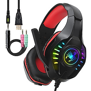 SVYHUOK Pro Gaming Headset for PC PS4 Xbox One Surround Sound Over-Ear Headphones with Mic LED Light Bass Surround Soft Memory Earmuffs for Computer Laptop Switch Games Kid’s Boy’s Teen’s Gifts
