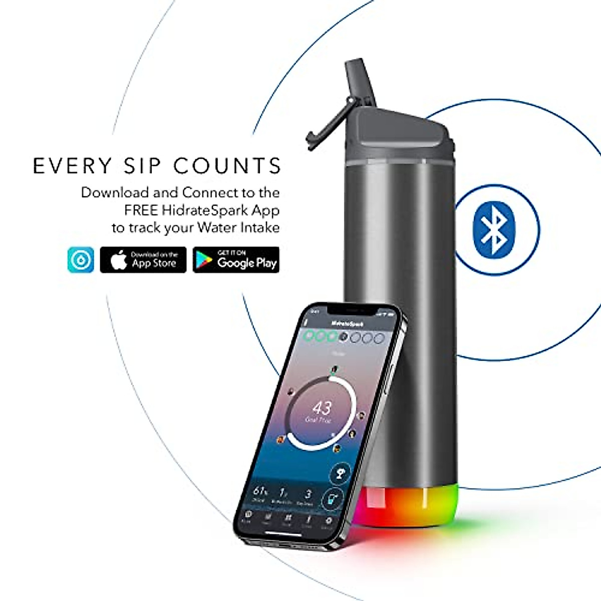 Hidrate Spark PRO Smart Water Bottle – Insulated Stainless Steel – Tracks Water Intake with Bluetooth, LED Glow Reminder When You Need to Drink – Straw Lid, 21oz, Brushed Steel