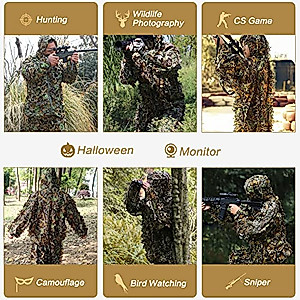MOPHOTO Ghillie Suit 3D Leafy Camo Hunting Suits, Woodland Gilly Suits Gillies Suits for Men, Leaf Camouflage Hunting Suits