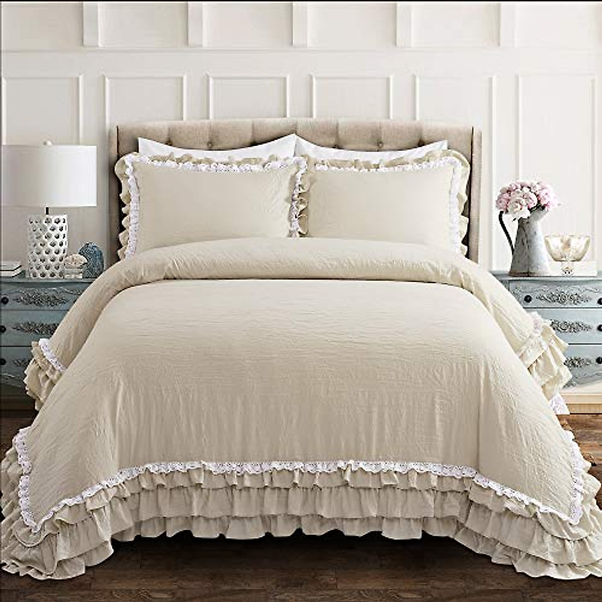 Lush Decor Ella Shabby-Chic Ruffle Lace 3-Piece King Comforter Set (Neutral)