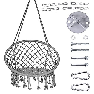 Lazy Daze Hammocks Hanging Chair Macrame Chair with Hardware Kits, Handwoven Cotton Rope Hammock Chair for Bedroom Indoor Outdoor Patio Yard Deck Garden, 300 Pounds Capacity, Gray