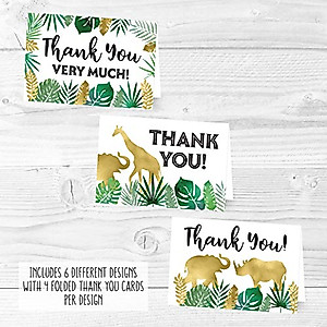 24 Safari Thank You Cards With Envelopes, Kids or Baby Shower Thank You Note, Jungle Greenery Gold 4x6 Varied Zoo Animal Giraffe Gratitude Card Pack For Party, Girl Boy Children Birthday Stationery