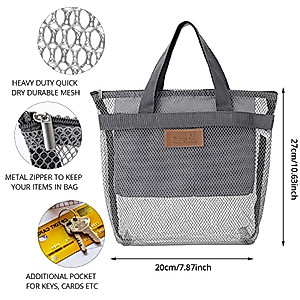 Mesh Shower Bag, Portable Shower Caddy Mesh Shower Caddy ToteQuick Dry Shower Tote Bag with Zipper & 2 Pockets for College Dorms Gym Swimming Beach Travel Sports Games 10.6 * 7.8 Inch (Grey)