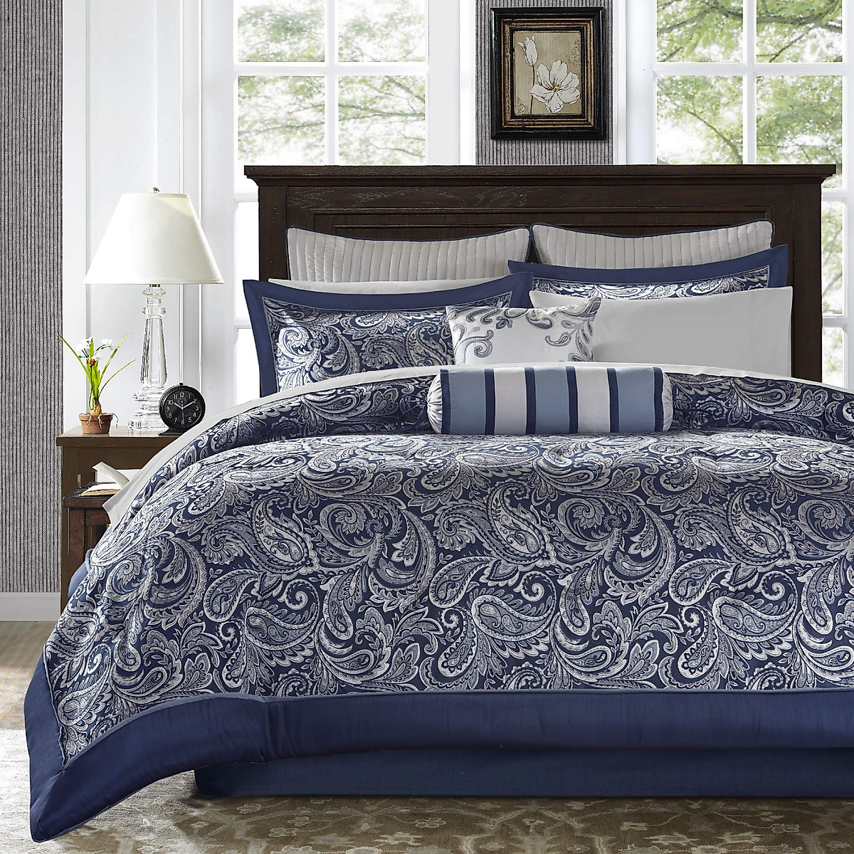 Madison Park Aubrey Bedding and Curtain Set - 12 Piece King Size Navy Blue Paisley Design