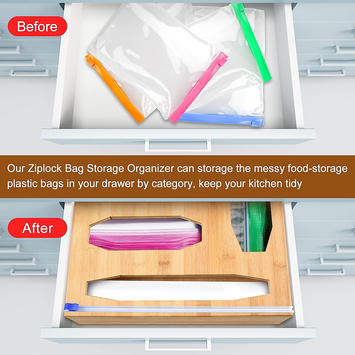 WXJ13 Ziplock Bag Organizer Wrap Dispenser - Kitchen Foil and Plastic Wrap Organizer, Aluminum foil Dispenser with Cutter Labels,Suitable Gallon, Quart Slider, Sandwich and Snack Bags