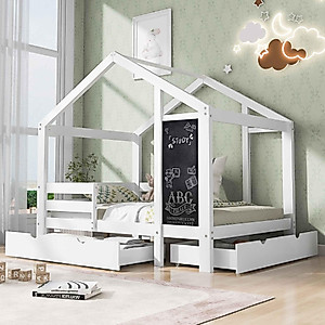 ATY Twin Size Platfrom Bed with Two Storage Drawers and Blackboard Design, Solid Wood House Shaped Bedframe w/Roof, Save Space & No Box Spring Needed, for Kids Bedroom, Dorm, White