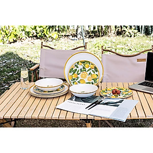 Melamine Dinnerware Sets- 12pcs Melamine Plates and Bowls Set for 4,Indoor and Outdoor Dinnerware, Lemon dinnerware set