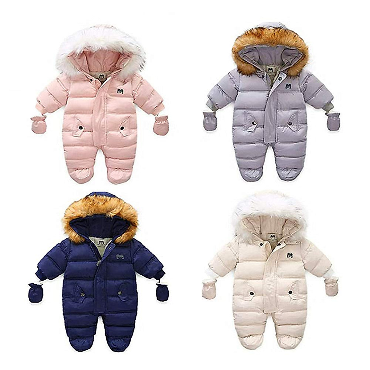 Pudcoco Toddler Baby Girls Boys Zipper Down Jumpsuits with Gloves, Winter Snowsuit Coat Romper Jumpsuit Outfits (D Pink Cotton Jacket + Gloves, 6-9M)