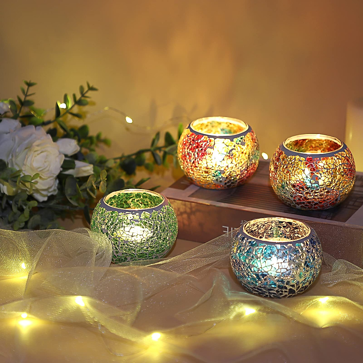 OwnMy 6PCS Mosaic Glass Tealight Holders Round Votive Candle Holders Glass Pillar Candle Stands for Table Centerpieces, Multicolor Glass Mosaic Tealight Holders Small Potted Plant Bowl Candle Vases