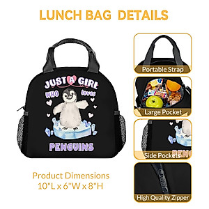 PAKKITOP Penguin Lunch Bag for Kids, Small Lunch Bags Insulated, Cute Reusable Lunchbox for Teen Girls Boys, Black Portable Lunchbags for School Travel Picnic, Freezable and Foldable