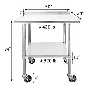 VKKILPEE Stainless Steel Table for Prep & Work 24 x 30 Inches with Caster Wheels, Kitchen Island Cart, NSF Commercial Heavy Duty Table with Undershelf & Backsplash for Restaurant, Home and Hotel