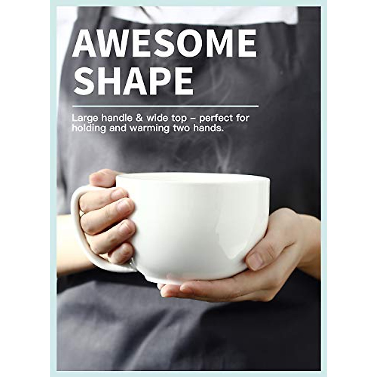 White Porcelain Jumbo Coffee Mugs Set of 4-16 Ounce Cups with Handle for Hot or Cold Drinks like Cocoa, Milk, Tea or Water - Smooth Ceramic with Modern Design