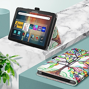 Fintie Folio Case for Amazon Kindle Fire HD 8 & Fire HD 8 Plus Tablet (12th Generation/10th Generation, 2024/2022/2020 Release)- Slim Fit Vegan Leather Stand Cover with Auto Sleep/Wake, Love Tree