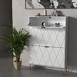 UEV Shoe Cabinet,Freestanding Shoe Rack Storage Organizer with Drawers & Metal Legs,Modern Shoe Storage Cabinet with 3 Flip Drawers for Entryway (White)