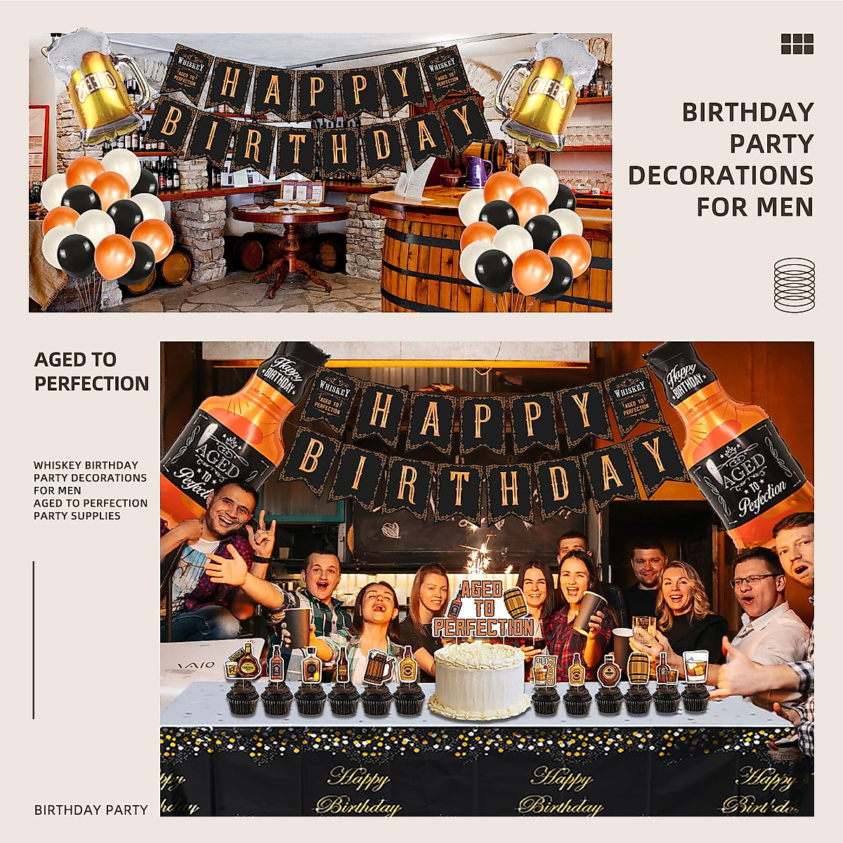 Whiskey Birthday Party Decorations for Men Aged to Perfection Party Supplies Include Birthday Banner Whiskey Garland Tablecloth Cake Toppers Foil Balloons for Whiskey Party Decorations for Dad Daddy