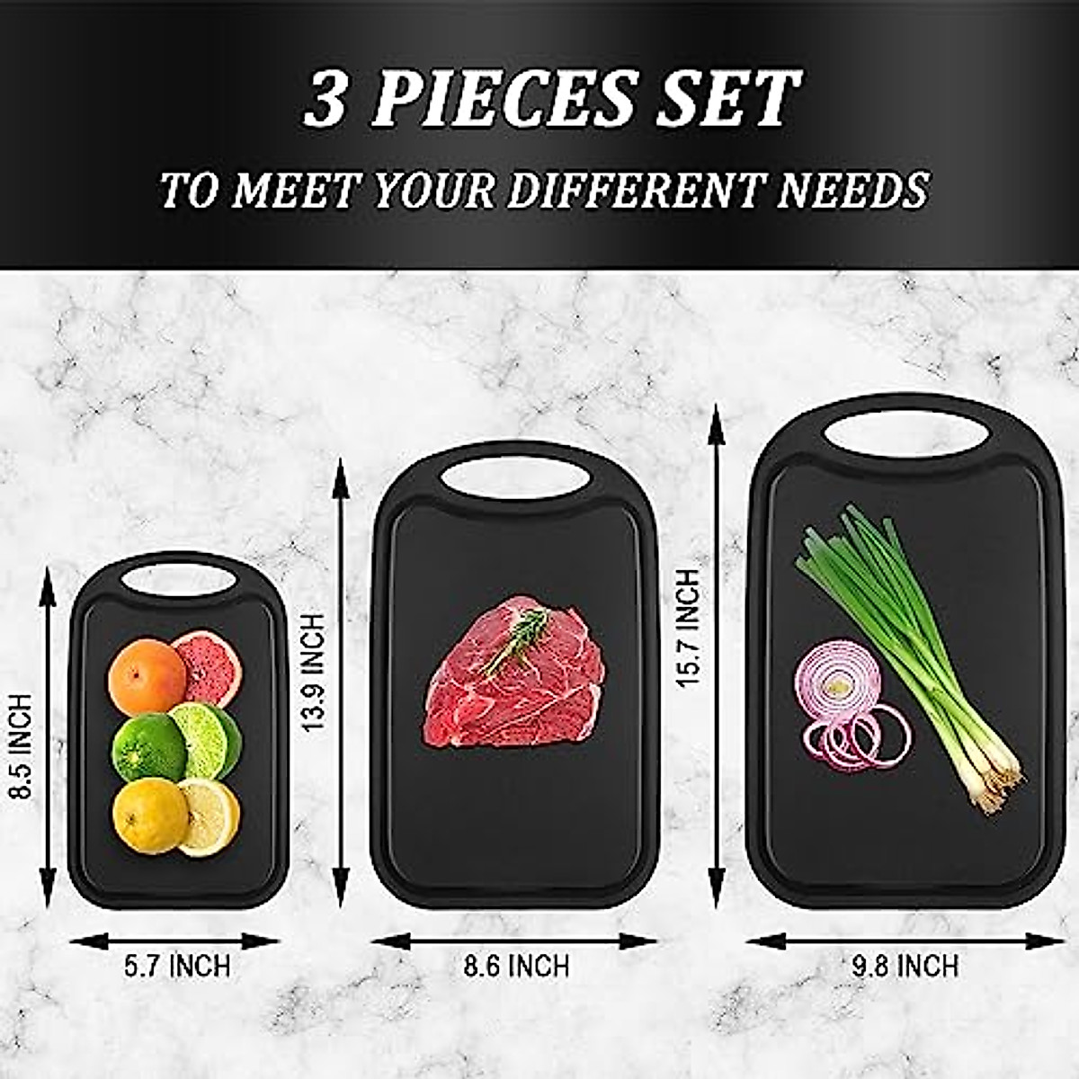 Bestdin Cutting Boards for Kitchen, Black Cutting Board Set for 3, BPA Free Chopping Board, Plastic Cutting Board with Easy Grip Handle, Non-porous Meat Cutting Board, Dishwasher Safe.