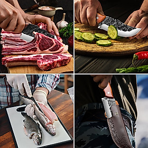 VARLEA 3 Piexcs Hand forged chef's knife kitchen knife set, with Solid Wood Handle & leather Knife Sheath. Suitable for Outdoor camping BBQ, Meat Cleaver Knife,Kitchen tool,