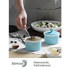 DOWAN Salt and Pepper Bowls, 9 OZ Salt and Pepper Cellar, Salt & Pepper Shakers Set of 2, Stacking Ceramic Salt and Pepper Container with Lid, Salt Keeper, Adorable Decorative Mason Décor, Turquoise