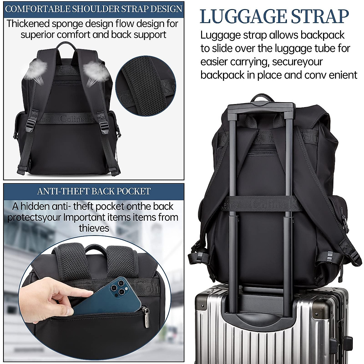 Colins Keirs Laptop Backpack 17 Inch. Drawstring Anti-theft Waterproof Tech Backpack with Laptop Compartment, Black 30L