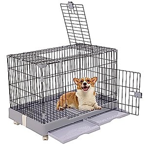 Cat Dog Crate Pet Kennel Steel Wire Small Animal Crate for Rabbit with Drawer Leak-Proof Tray, Double Door, 29 Inch