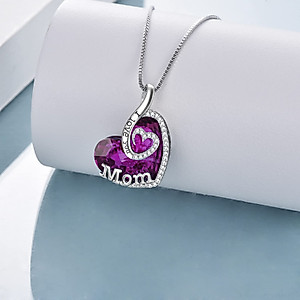 TOUPOP Gift for Mom Sterling Silver I Love You Mom Jewelry with Heart Amethyst Crystal, Birthday Gifts for Mom from Son Daughter