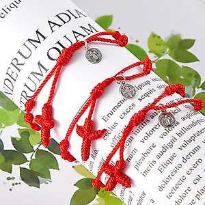 Yinkin 30 Pieces St Benedict Medal Rosary Bracelet Bulk Adjustable Knot String Braided Bracelet Baby Protection Mexican Bracelets with Mesh Bags for Women Men Girls Boys Minimalist Jewelry (Red)