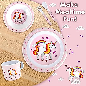 5 Pc Mealtime Baby Feeding Set for Kids and Toddlers - Includes Plate, Bowl, Cup, Fork and Spoon Utensil Flatware - Durable, Dishwasher Safe, BPA Free - Unicorn