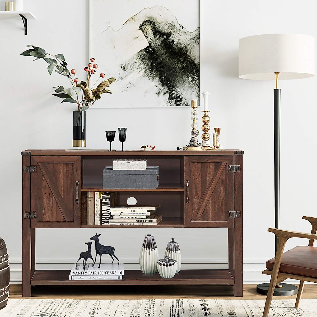 Tangkula TV Stand up to 60 Inches TVs, Modern Entertainment Center Stand with 2 Side Door Cabinets, Ample Storage Space, Multi-Functional Stand for Living Room Home Office Decor, TV Console (Brown)