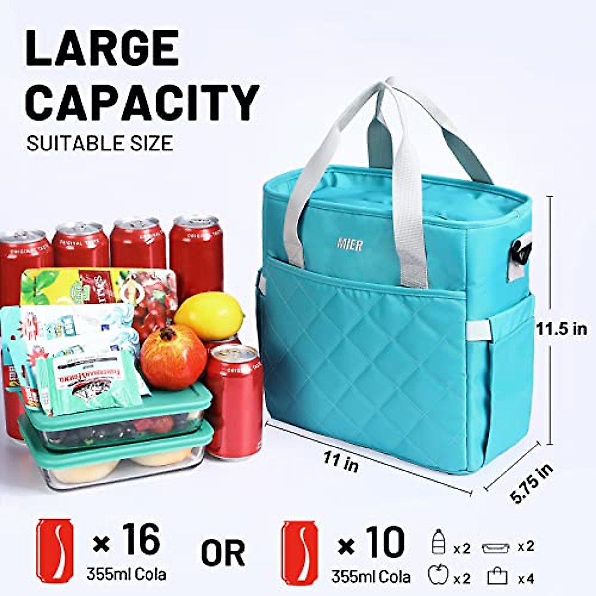 MIER Insulated Lunch Bag for Women Mens Adults Large Lunch Tote Bags Lunch Box Cooler for Work Picnic Beach with Shoulder Strap, Water Bottle Holder, Green