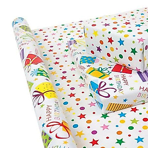 Happy Birthday Packages Double-Sided Jumbo Rolled Gift Wrap - 23 Inches x 32 Feet (61 Square Feet Total), Peek-Proof, For Birthdays, Graduations, Baby Showers and More