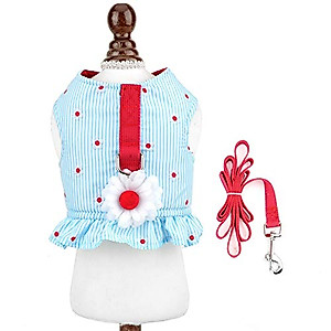 SMALLLEE_LUCKY_STORE Bow Flower Striped Print Cat Small Dog Harness Dress with Leash for Girls Adjustable No Pull Escape Proof Soft Walking Jacket Waterproof Puppies Kitten Harness Vest Outdoor,Blue S