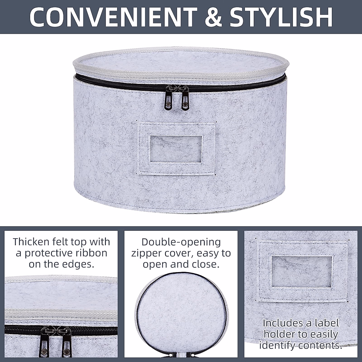 LITLANDSTAR Modern China Storage Case, 7" W x 5.5" H Thick Felt Plate Quilted Case with 12 Felt Dividers for Dinnerware Storage and Transport