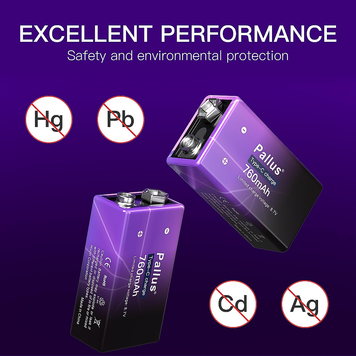 Pallus 9V Rechargeable Battery Pack, 4-Pack 760mAh Li-ion USB 9 Volt Battery for Smoke Alarms, Wireless Microphones, Smoke Detectors, Toys, Flashlights, Guitar