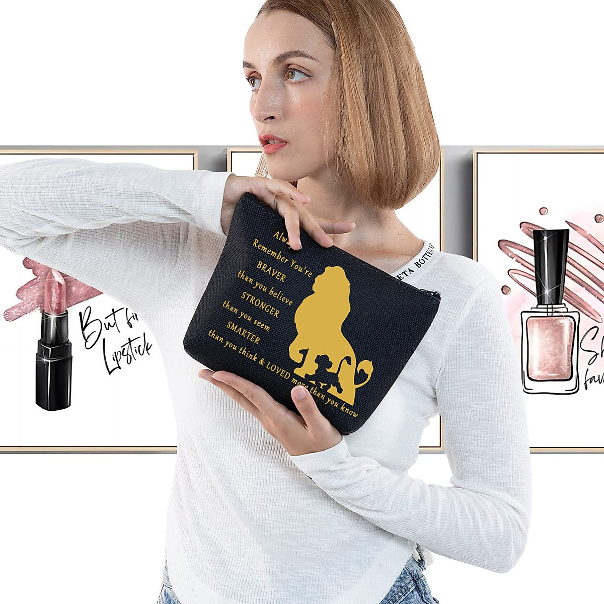 LEVLO Lion Movie Cosmetic Make Up Bag Lion Fans Gift You Are Braver Stronger Smarter Than You Think Lion Zipper Pouch Bag (Always Lion Black)