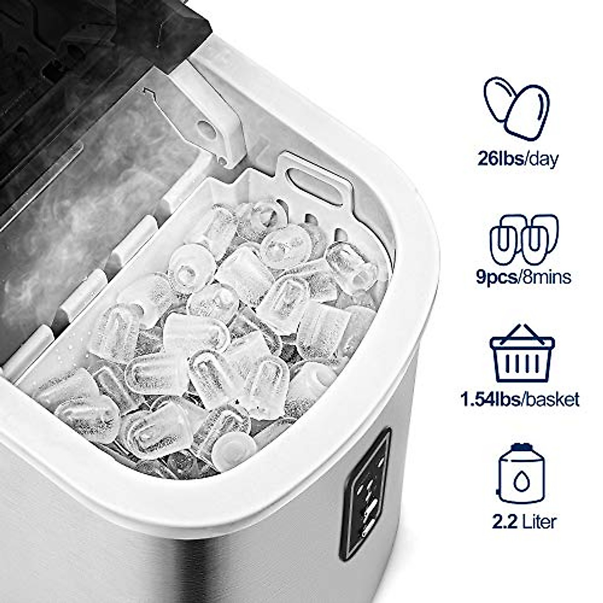 EUHOMY Ice Maker Machine Countertop, 26 lbs in 24 Hours, 9 Cubes Ready in 8 Mins, Electric ice Maker and Compact Potable ice Maker with Ice Scoop and Basket. Perfect for Home/Kitchen/Office.(Sliver)