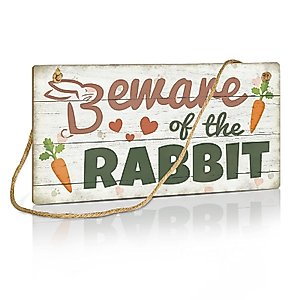 Putuo Decor Rabbit Sign, Outdoor Funny Bunny Decor, Decorative Garden Sign for Porch, Patio, 10x5 Inches Hanging Plaque - Beware of The Rabbit