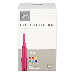 Office Depot® Brand Pen-Style Highlighters, Chisel Tip, 100% Recycled, Assorted Colors, Pack Of 36