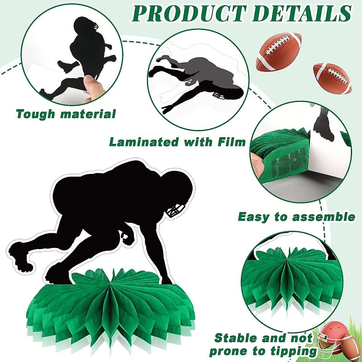 QOUBAI 12Pcs Football Honeycomb Centerpieces Football Player Party Decorations Sports Party Decor Table Toppers Birthday Party Decoration for Baby Shower Gameday Tailgate Party Favor Supplies