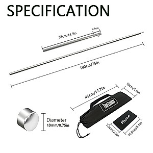 Aluminum Tarp Poles Lightweight Tent Poles Warterproof Sail Shade Pole for Gazebo Backpacking Camping Tarpaulin Awning Canopy Porch Bivvy Adjustable from 76-190cm (Aluminum-74.8"/190cm)