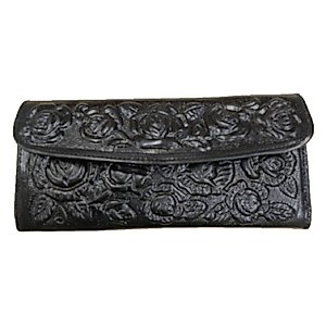 Sharpshooter Ladies Tooled Leather Western Blossoming Roses Trifold Wallet (BLACK)
