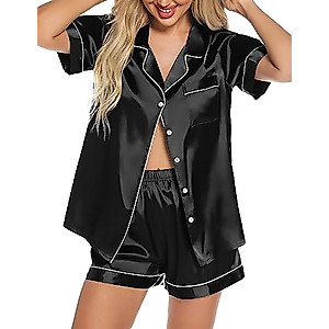 Gepansis Satin Pajama Set Women's Short Sleeve Sleepwear Soft Silk Button Down Loungewear Set Black Large