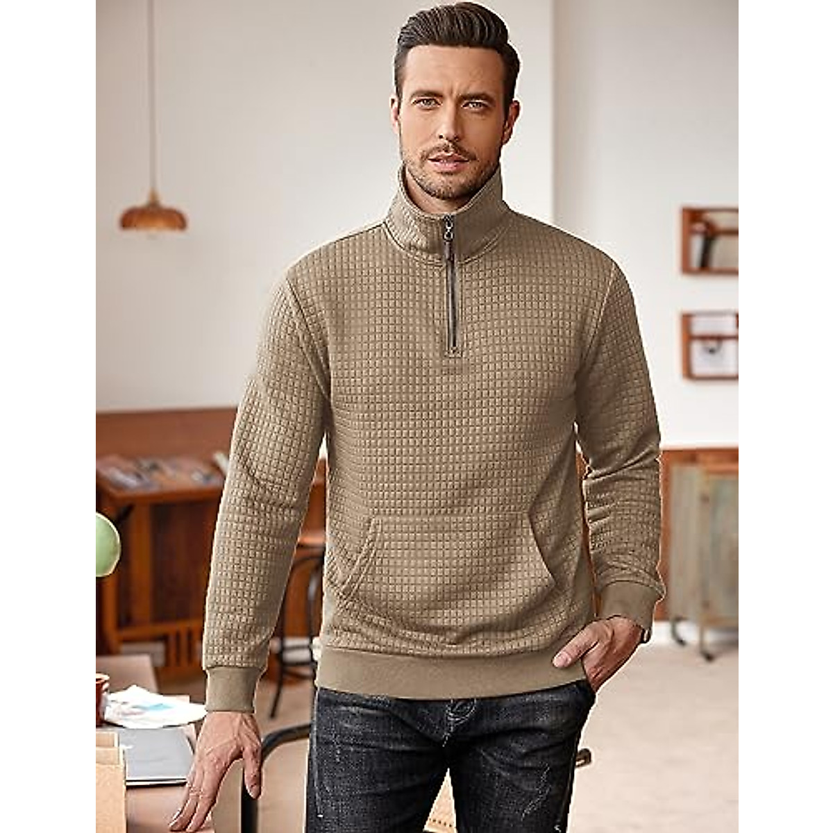 COOFANDY Men 1/4 Collared Sweatshirt Casual Long Sleeve Turtleneck Pullover Zip Up Polo Hoodies Khaki