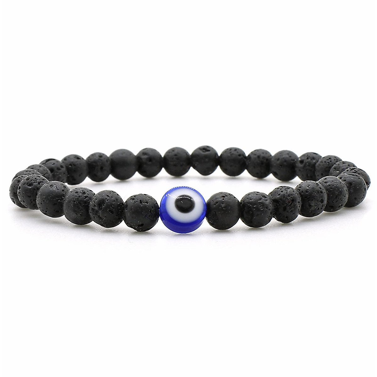 2Pcs Lucky Turkish Blue Evil Eye Hamsa Hand of Fatima Beaded Stretch Bracelet Elastic 7 Chakras Gemstone Lava Stone Bracelet for Women Men Good Luck Protection Amulet Jewelry-G blalck