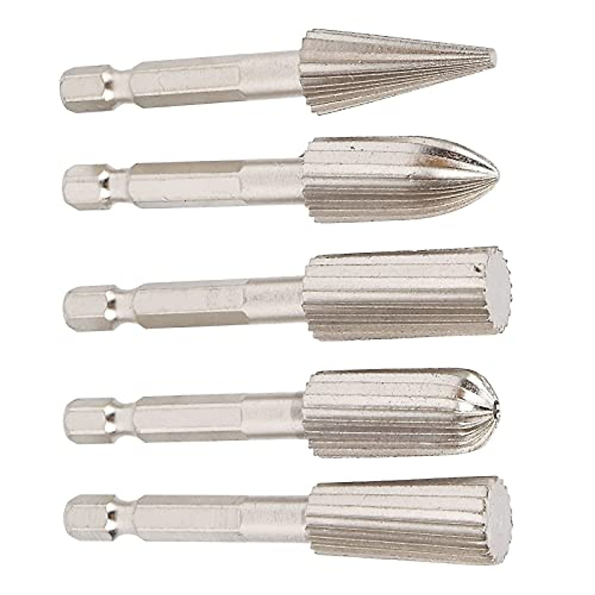Wisoqu 5Pcs Rotary File Cutting Burrs,14in Hex Shank Double Cut Metal Grinder Drill Bit Set High Speed Steel Rotary File Set,for Carving Polishing