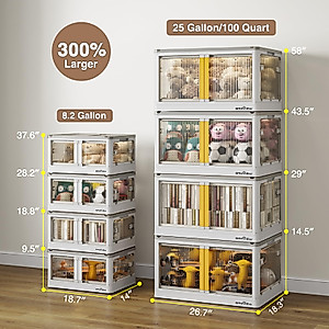 BROVIEW V5 75Gal Plastic Storage Bins with Lids, 3Pack Stackable Collapsible Storage Bins for Closet Organizers and Storage, Folding Storage Container Open Front Cabinets with Doors and Wheels, White