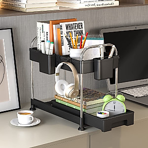 Luyata 2 Pack Under Sink Organizer, 2-Tier Pull Out Under Sink Cabinet Organizer, Sliding Drawer Basket Storage Organizer Shelf for Kitchen Bathroom, with Hooks, Hanging Cup, Dividers, Black