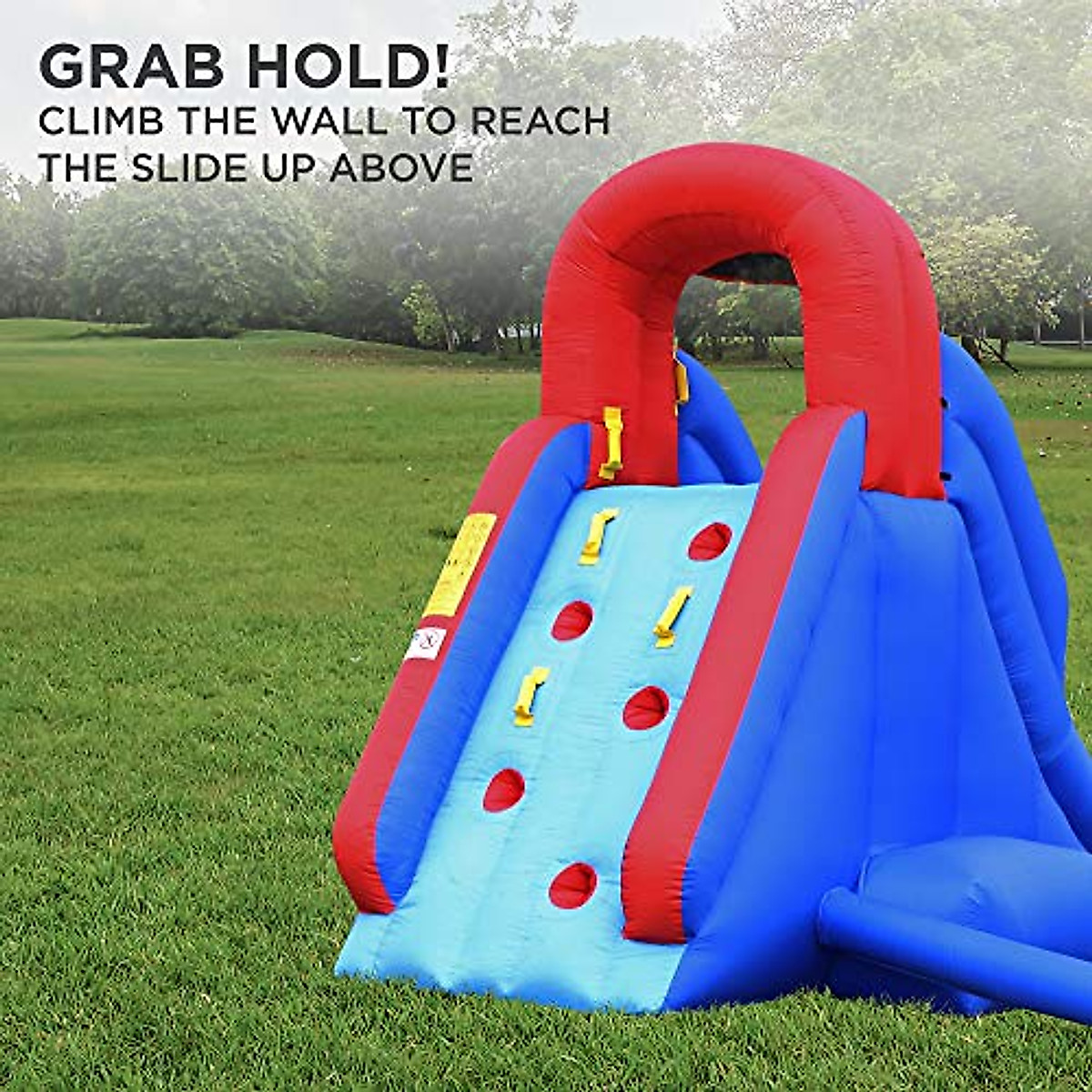 Sunny & Fun Compact Inflatable Water Slide Park – Heavy-Duty Nylon for Outdoor Fun - Climbing Wall, Slide, & Small Splash Pool – Easy to Set Up & Inflate with Included Air Pump & Carrying Case, Blue