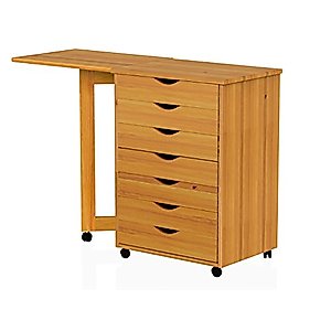 Adeptus Original Drop Leaf Roll Cart with Desk, Sold Wood, 7 Drawer Extra Wide Drawers Roll Carts, Medium Pine